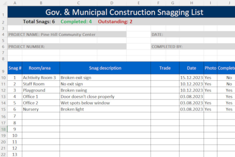 Commercial Construction Snagging List Template - PlanRadar