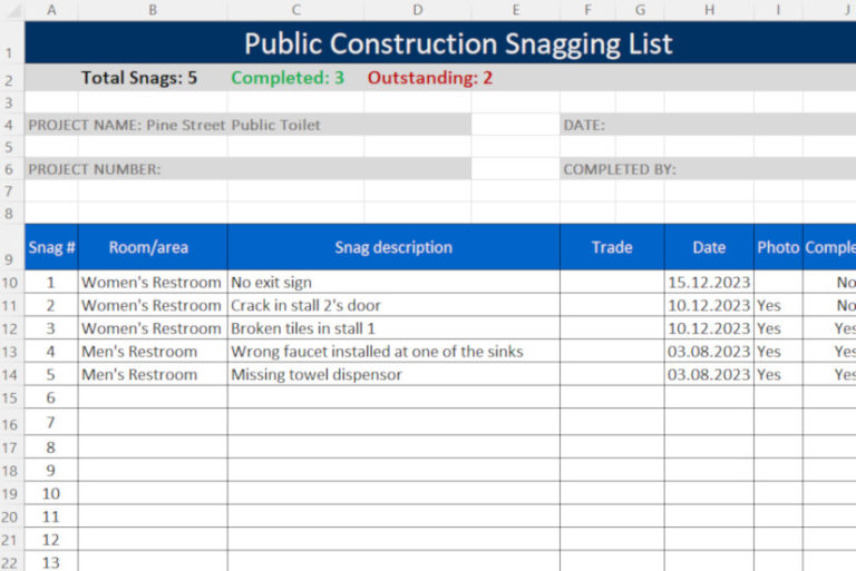 Public Sector Construction Snagging List Template - PlanRadar